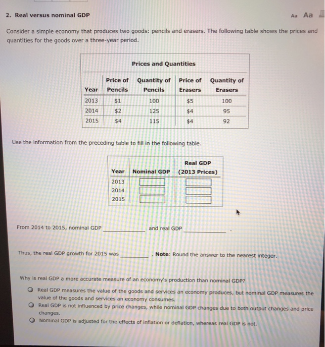 Solved 2. Real versus nominal GDP Aa Aa Consider a simple | Chegg.com