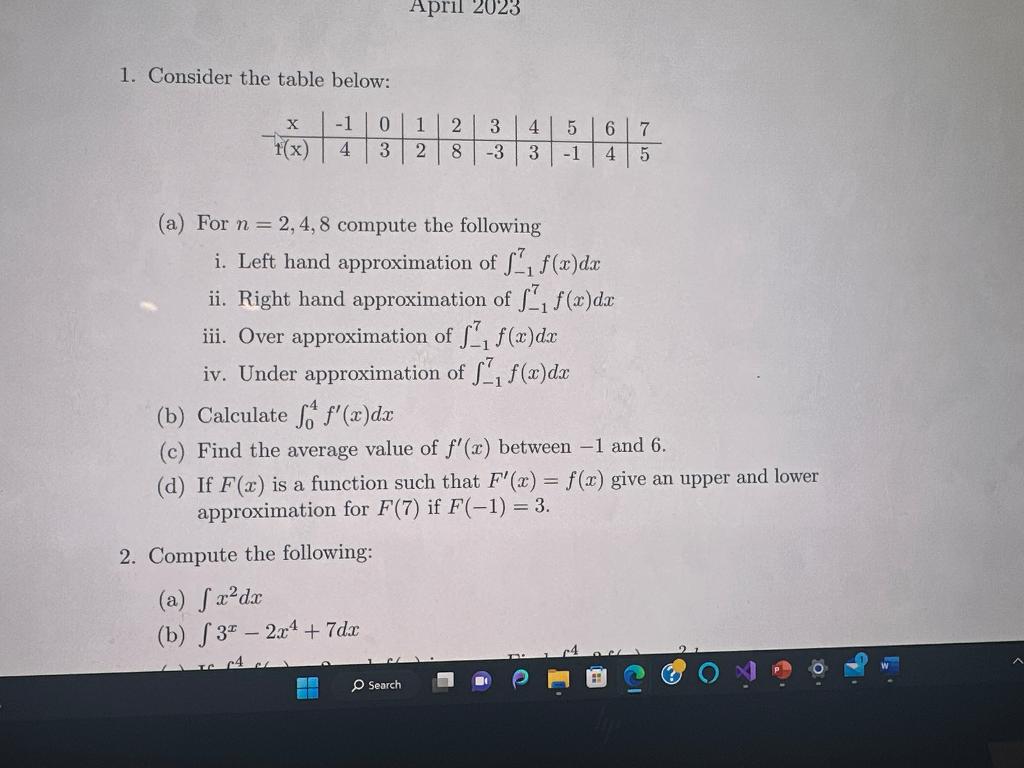 1. Consider the table below: (a) For n=2,4,8 compute | Chegg.com