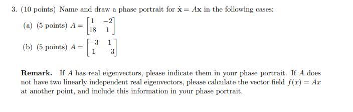 Solved 3. (10 points) Name and draw a phase portrait for x˙ | Chegg.com