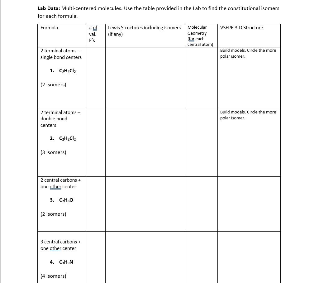 Solved Lab Data: Multi-centered molecules. Use the table | Chegg.com