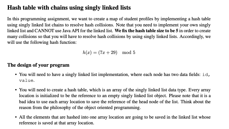 Solved Hash table with chains using singly linked lists In | Chegg.com