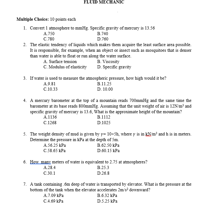 Solved FLUID MECHANIC Multiple Choice: 10 points each 1. | Chegg.com