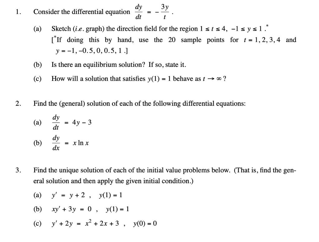 Solved Зу 1. Consider the differential equation dy dt t (a) | Chegg.com