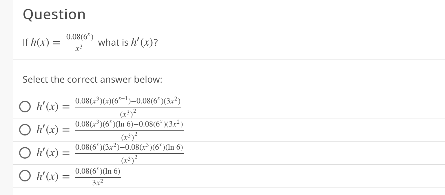 Solved If h(x)=x30.08(6x) what is h′(x)? Select the correct | Chegg.com