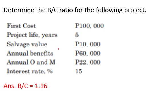 Solved Determine the B/C ratio for the following project. | Chegg.com