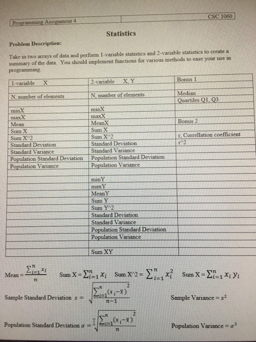 Solved CSC 1060 Programming Assignment 4 Statistics Problem | Chegg.com