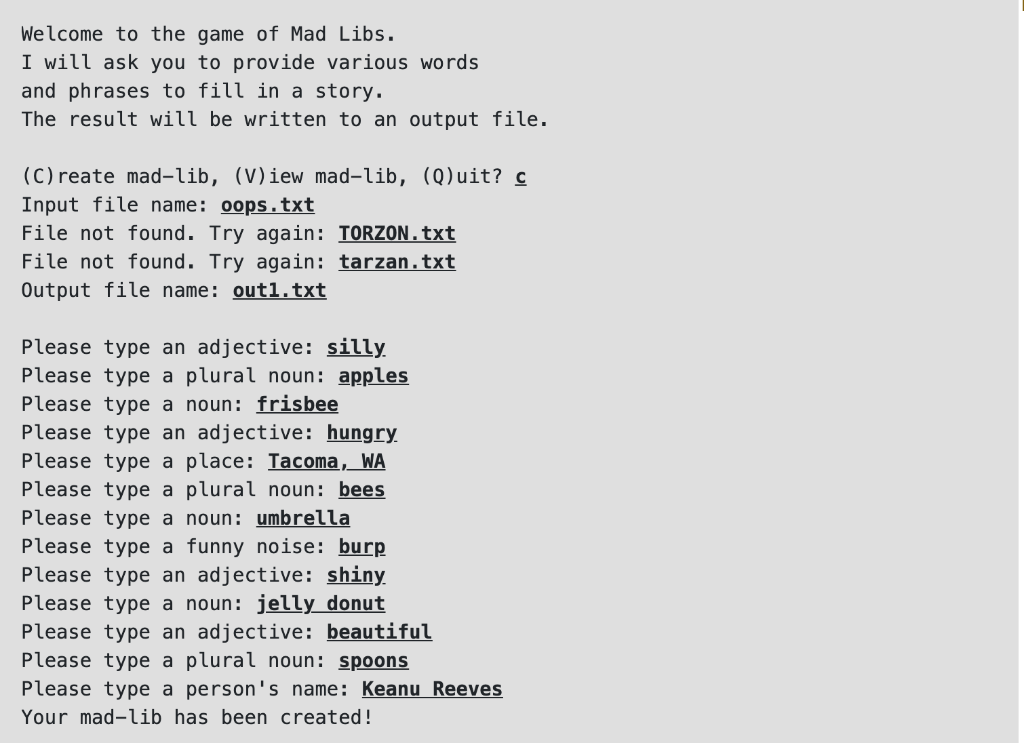 Solved Welcome to the game of Mad Libs. I will ask you to | Chegg.com