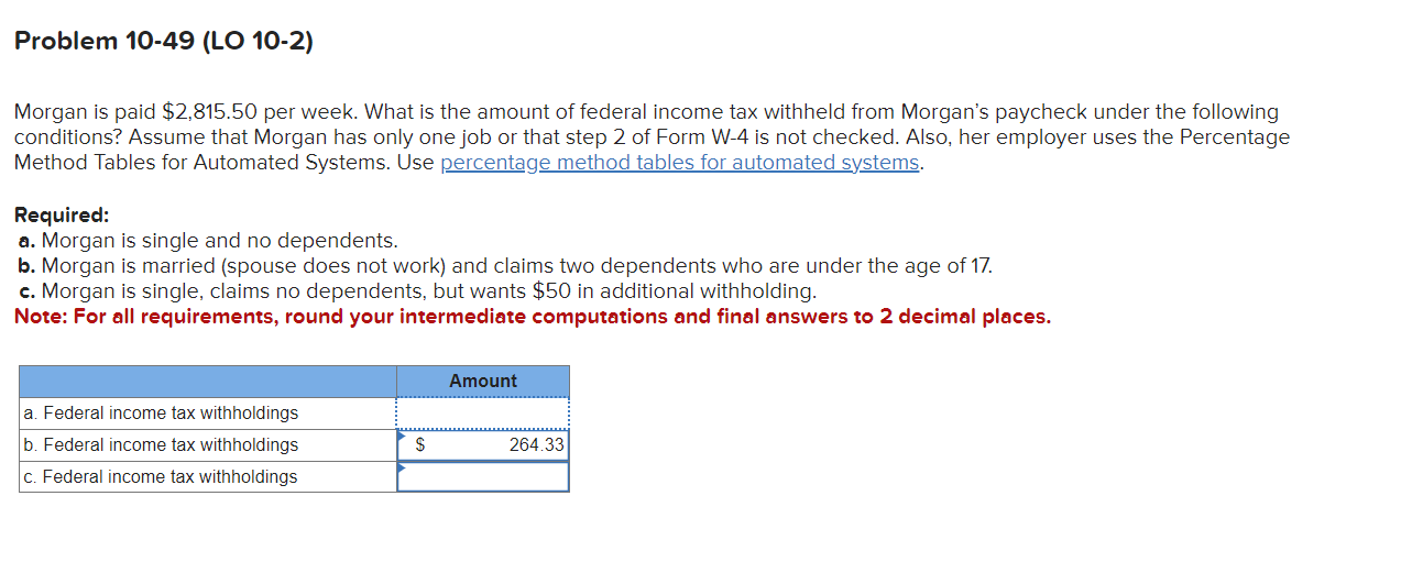 Solved Problem 10-49 (LO 10-2)Morgan is paid $2,815.50 ﻿per | Chegg.com