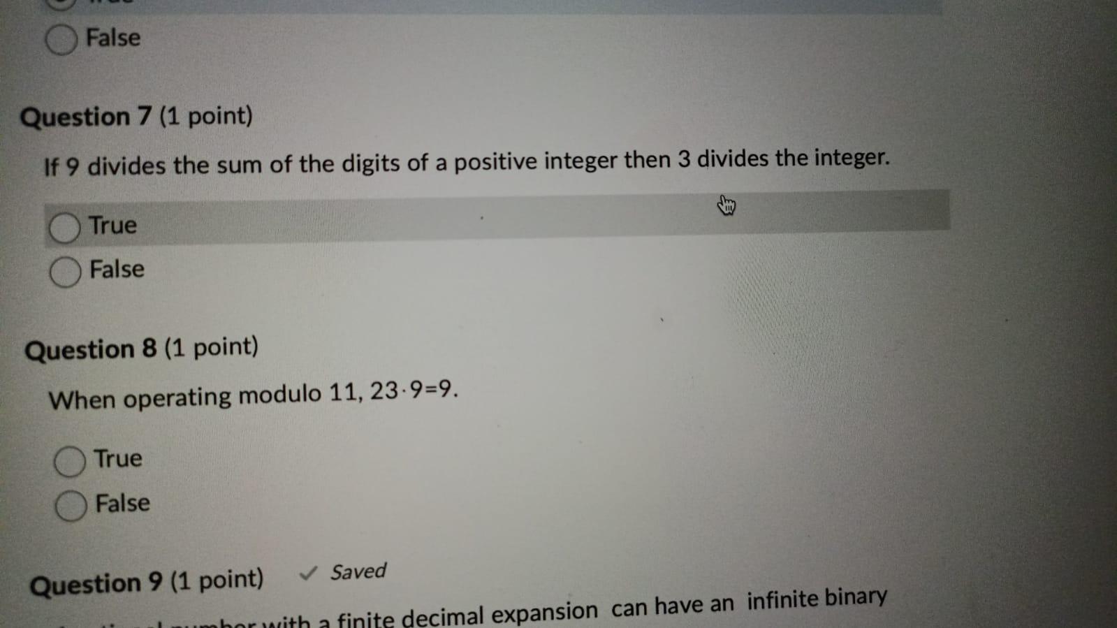Solved False Question 7 (1 point) If 9 divides the sum of | Chegg.com