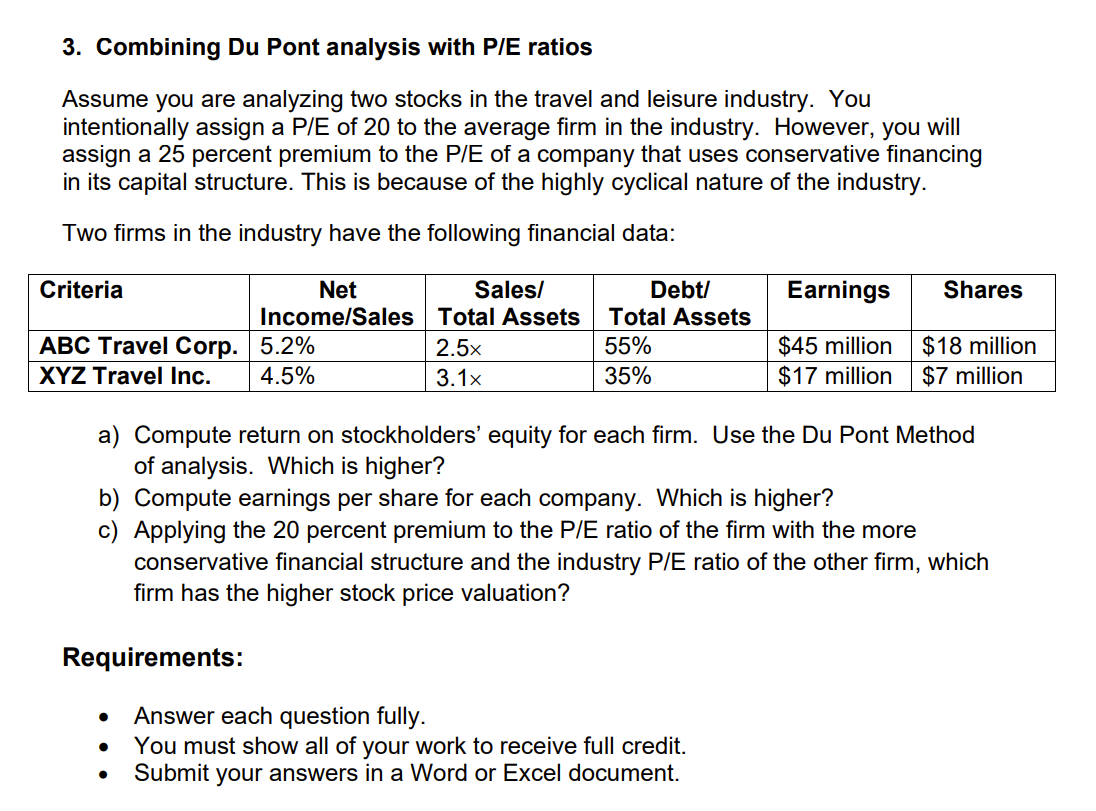 Solved 3. Combining Du Pont analysis with P/E ratios Assume | Chegg.com