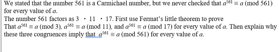 Solved We stated that the number 561 is a Carmichael number, | Chegg.com