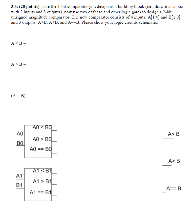 Solved 3.3. (20 points) Take the 1-bit comparator you design | Chegg.com