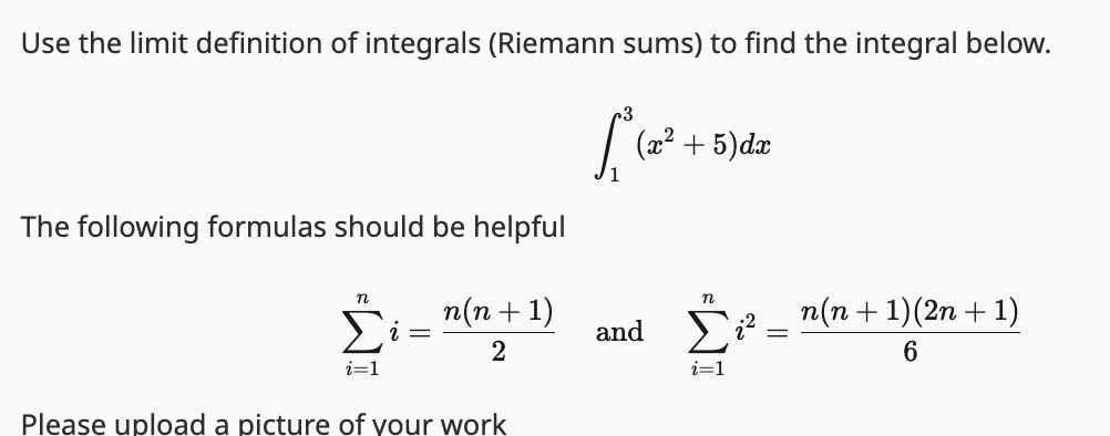 Solved Use the limit definition of integrals (Riemann sums) | Chegg.com