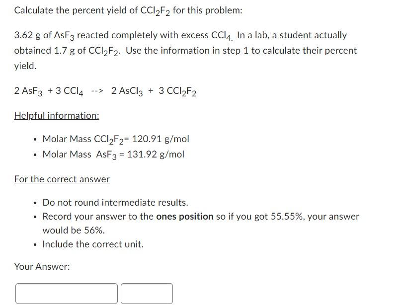 Solved Calculate the percent yield of CCl2 F2 for this | Chegg.com
