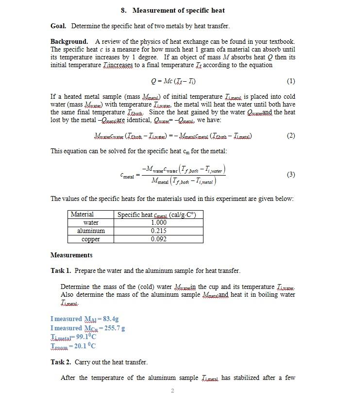 Solved 8. Measurement of specific heat Goal. Determine the | Chegg.com