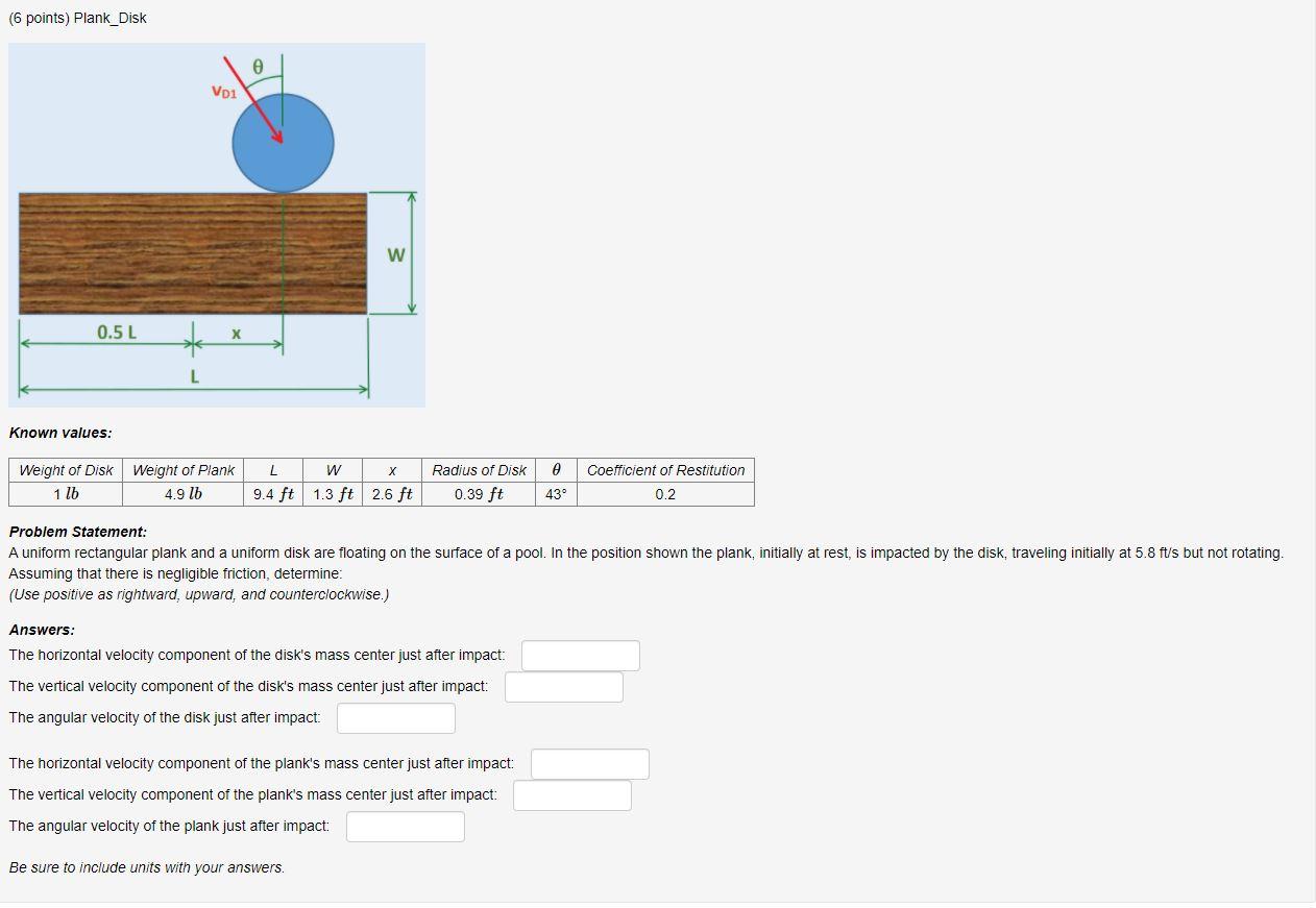 Solved (6 points) Plank_Disk Vp1 w 0.5 L * х Known values: | Chegg.com