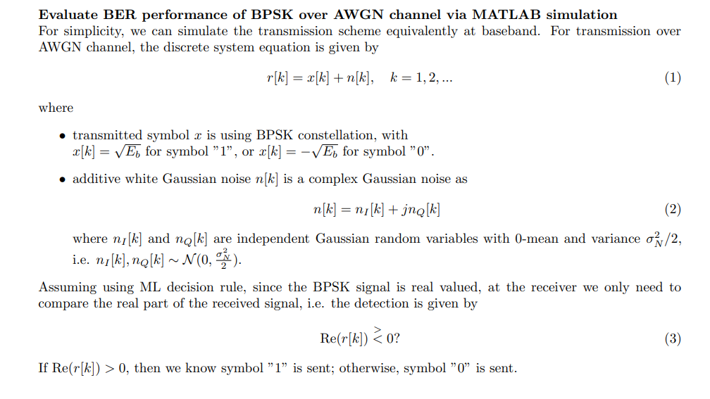 Evaluate BER performance of BPSK over AWGN channel | Chegg.com