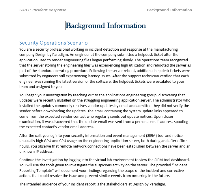 Solved D483: Incident Response Background Information | Chegg.com