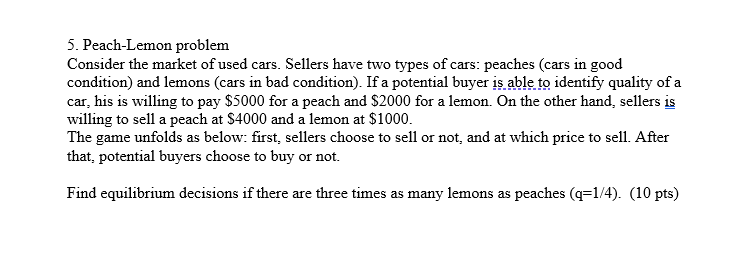 Solved 5. Peach-Lemon problem Consider the market of used | Chegg.com