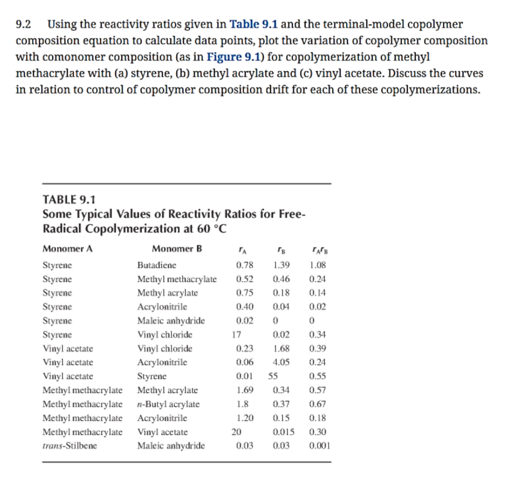 Solved 9.2 Using the reactivity ratios given in Table 9.1 | Chegg.com