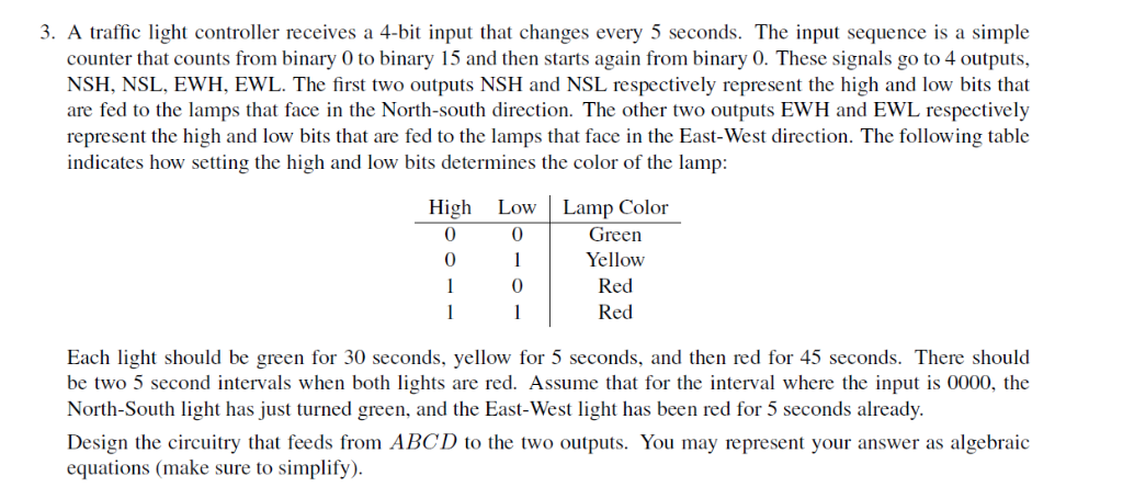 Solved .A traffic light controller receives a 4-bit input | Chegg.com