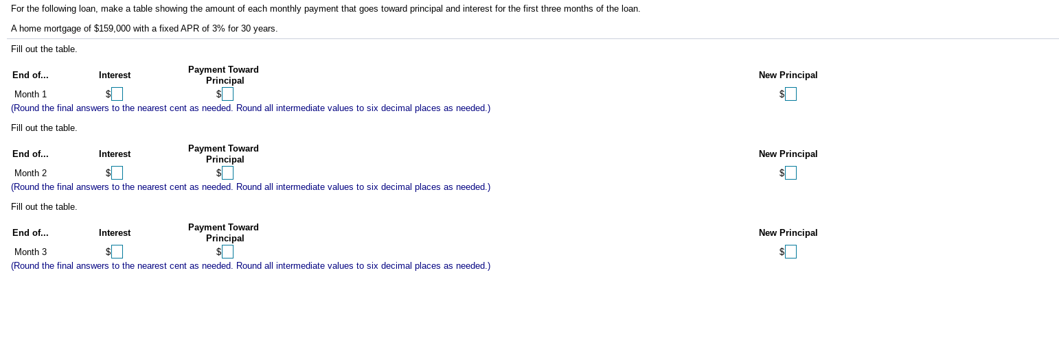 Solved For the following loan, make a table showing the | Chegg.com