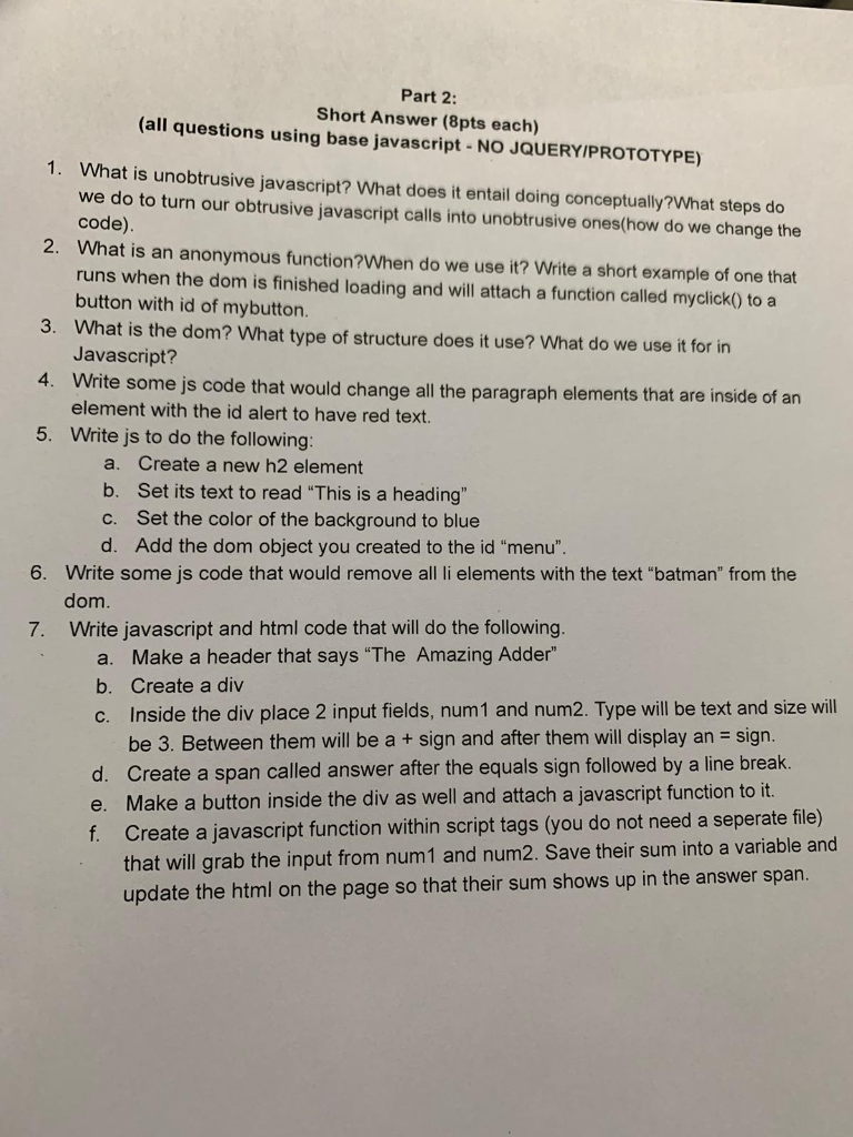 Solved Part 2: Short Answer (8pts each) all questions using | Chegg.com