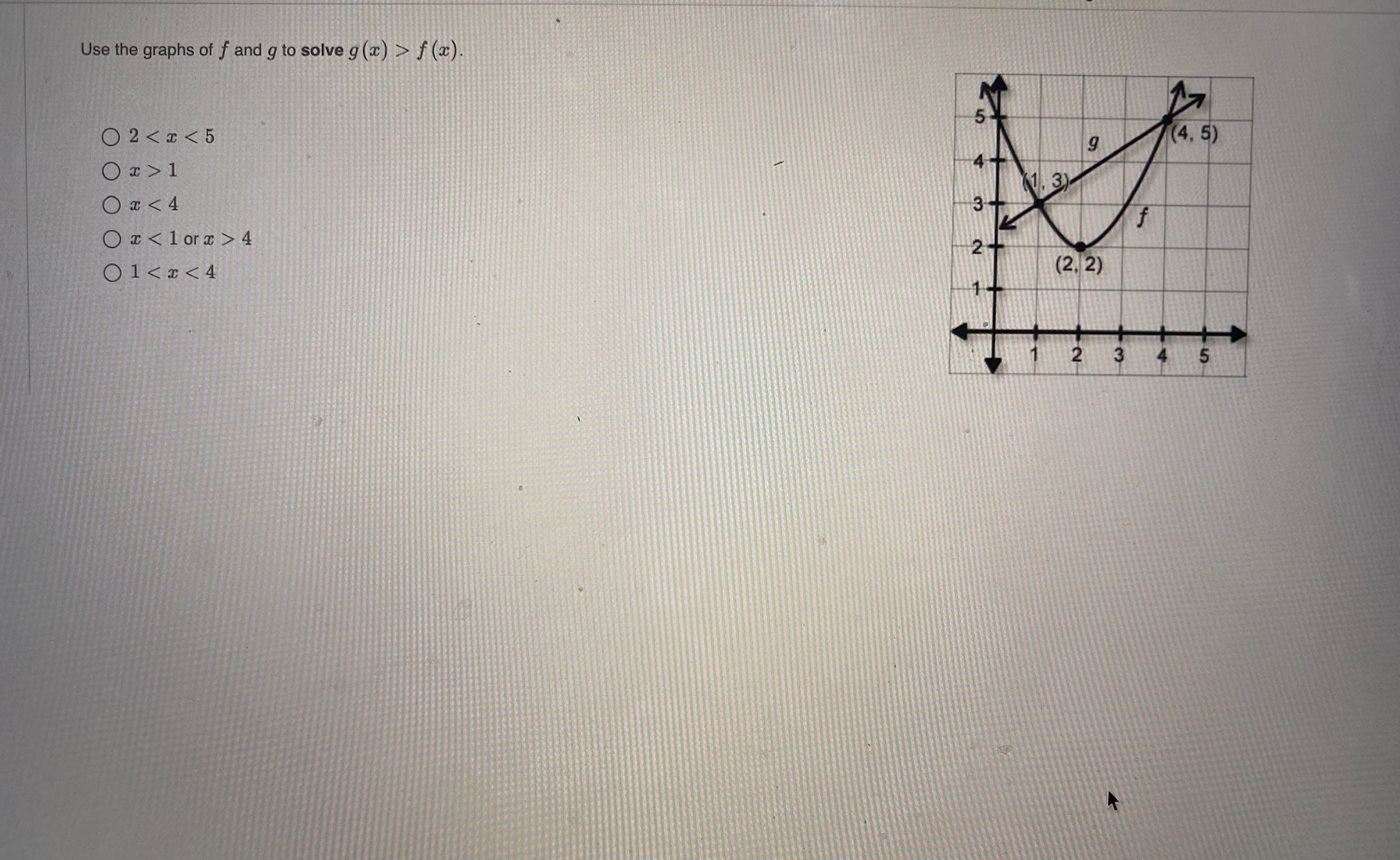 Solved Use the graphs of f and g to solve g(x) > f (x). | Chegg.com