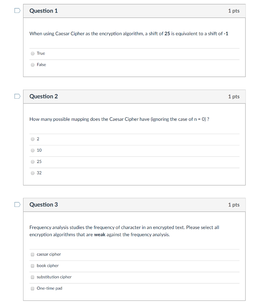 Solved Question 1 1 pts When using Caesar Cipher as the | Chegg.com