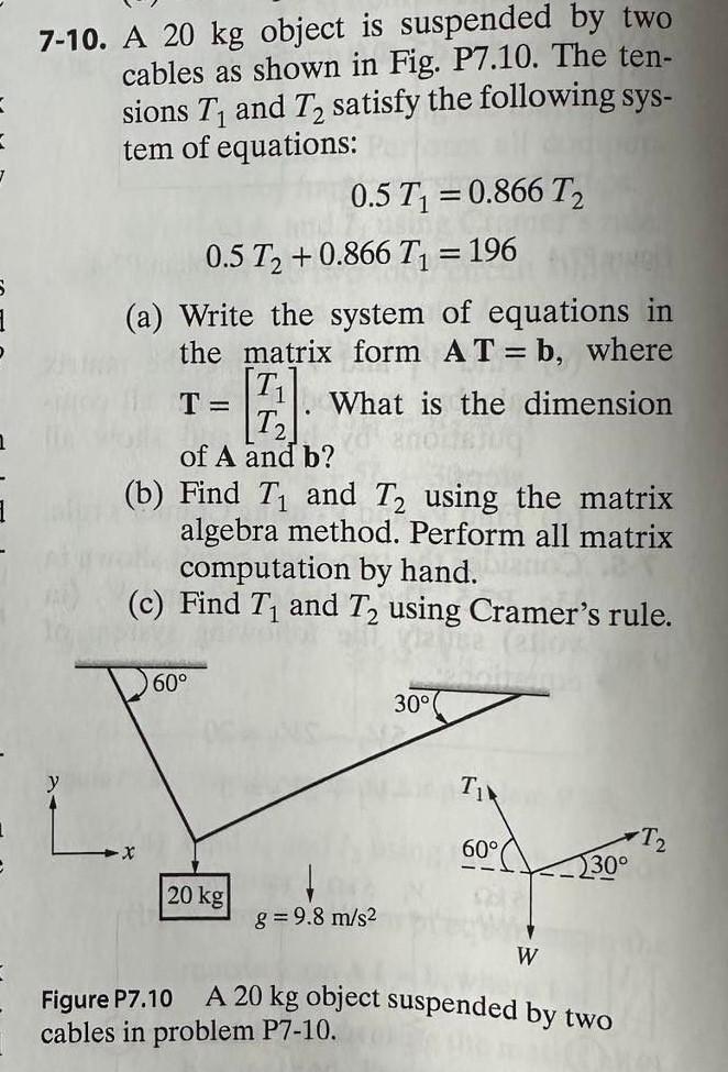 Solved 7-10. A 20 kg object is suspended by two cables as | Chegg.com