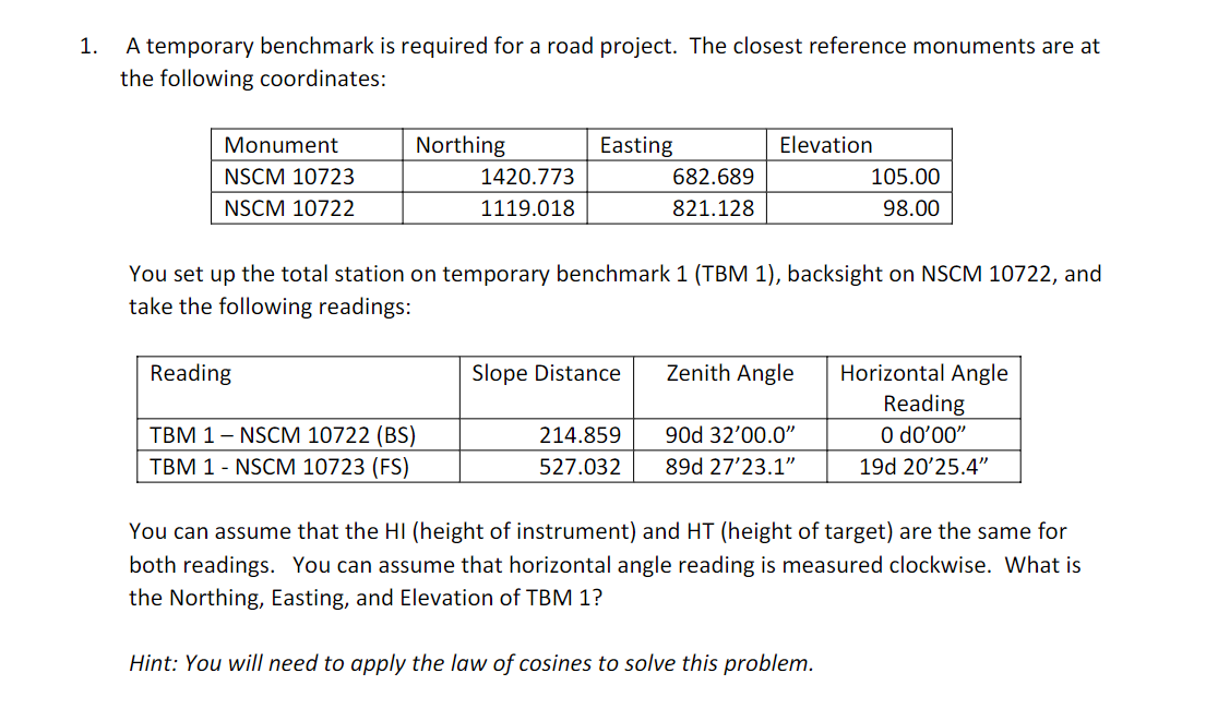 Solved A temporary benchmark is required for a road project. | Chegg.com