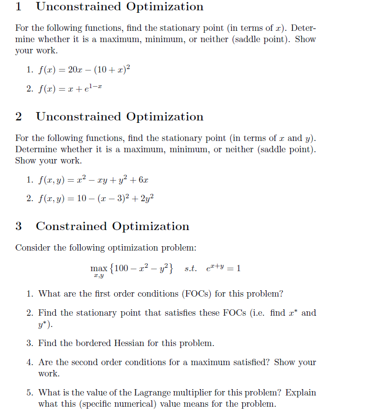 Solved 1 Unconstrained Optimization For the following | Chegg.com