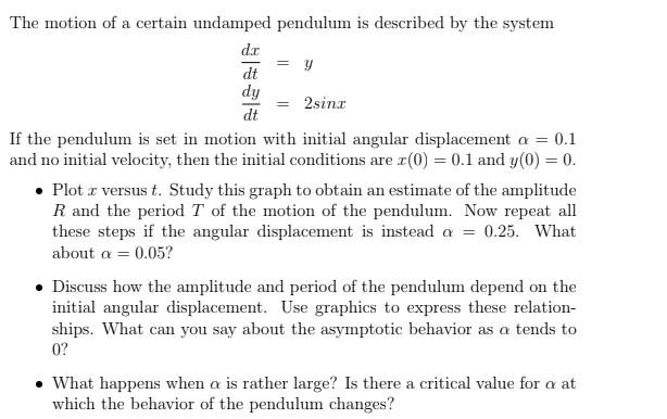 Solved dy The motion of a certain undamped pendulum is | Chegg.com