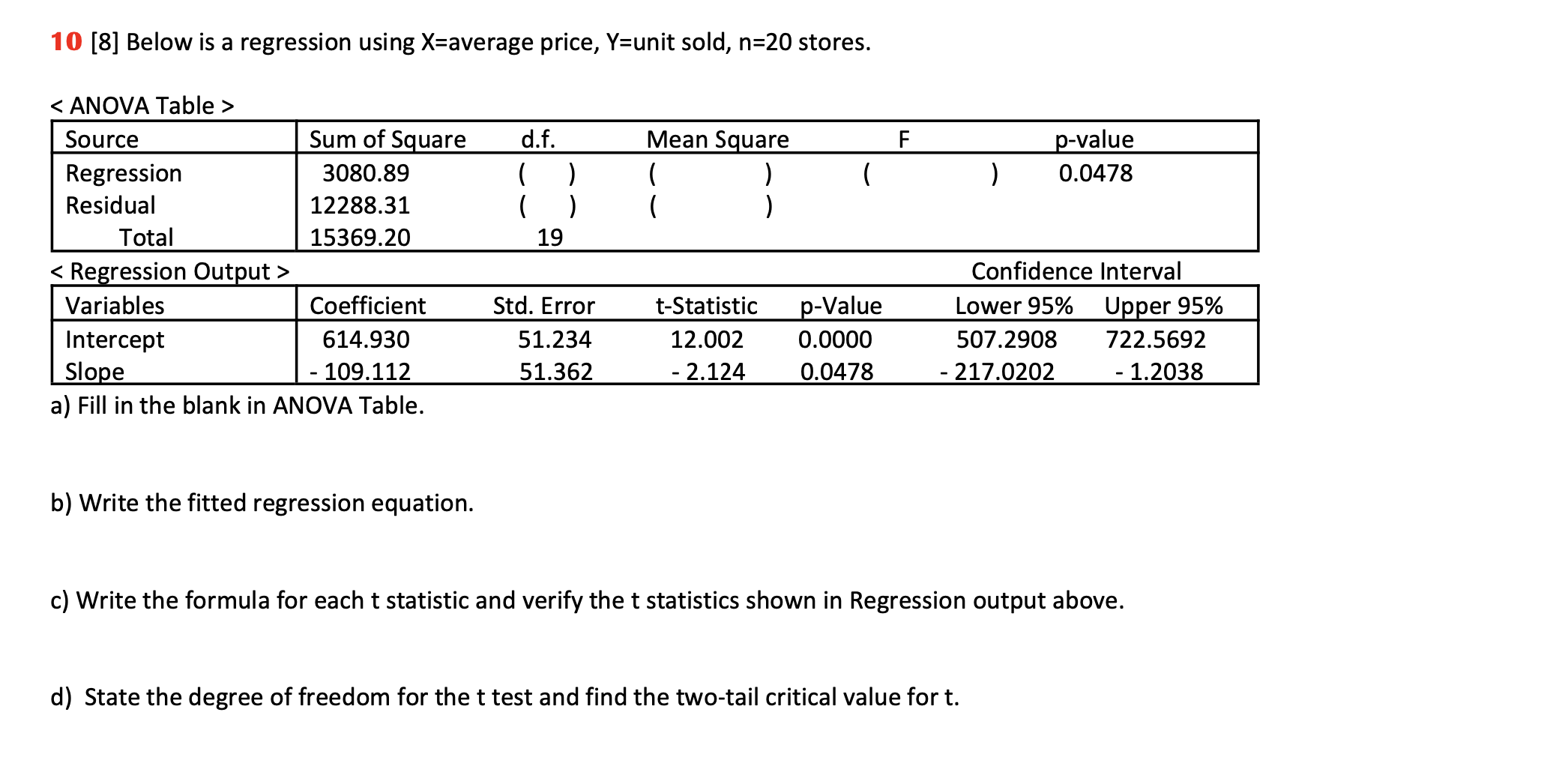 Solved 10 [8] ﻿Below is a regression using x= ﻿average | Chegg.com