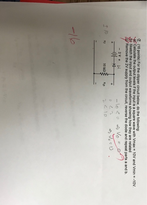 Solved 2. (16 points) For the clipper circuit below, do the | Chegg.com