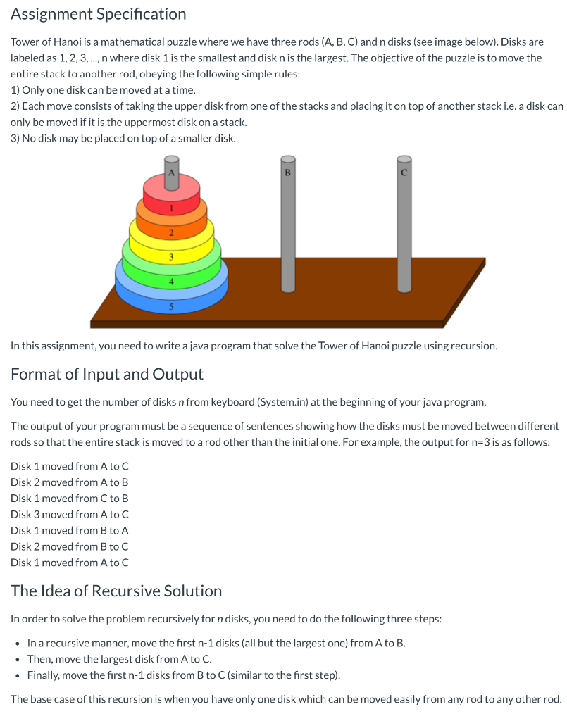 Assignment Specification Tower of Hanoi is a | Chegg.com