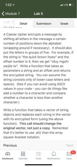 Solved 1:22 LTE Module 7 Lab 5 Detail Grade A Caesar cipher | Chegg.com