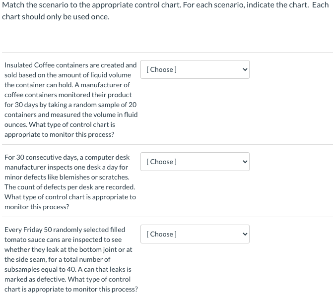 Solved Match the scenario to the appropriate control chart. | Chegg.com