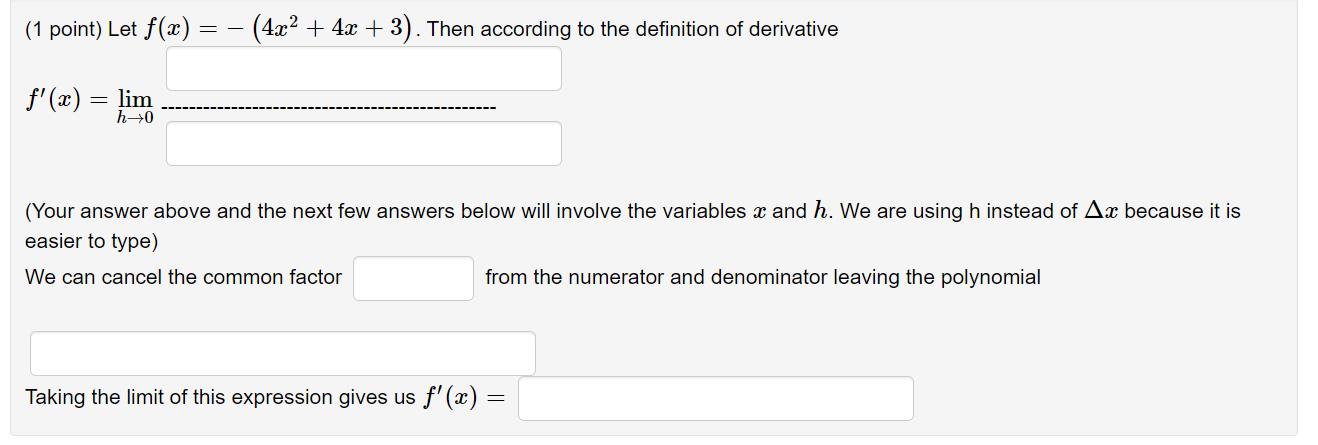 Solved (1 point) Let f(x) = - (4x2 + 4x + 3). Then according | Chegg.com