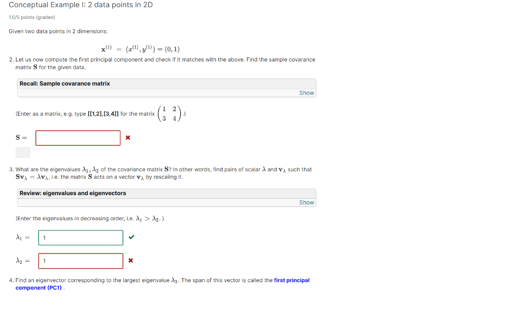 Conceptual Example 1: 2 data points in 2D 1.0/5 | Chegg.com