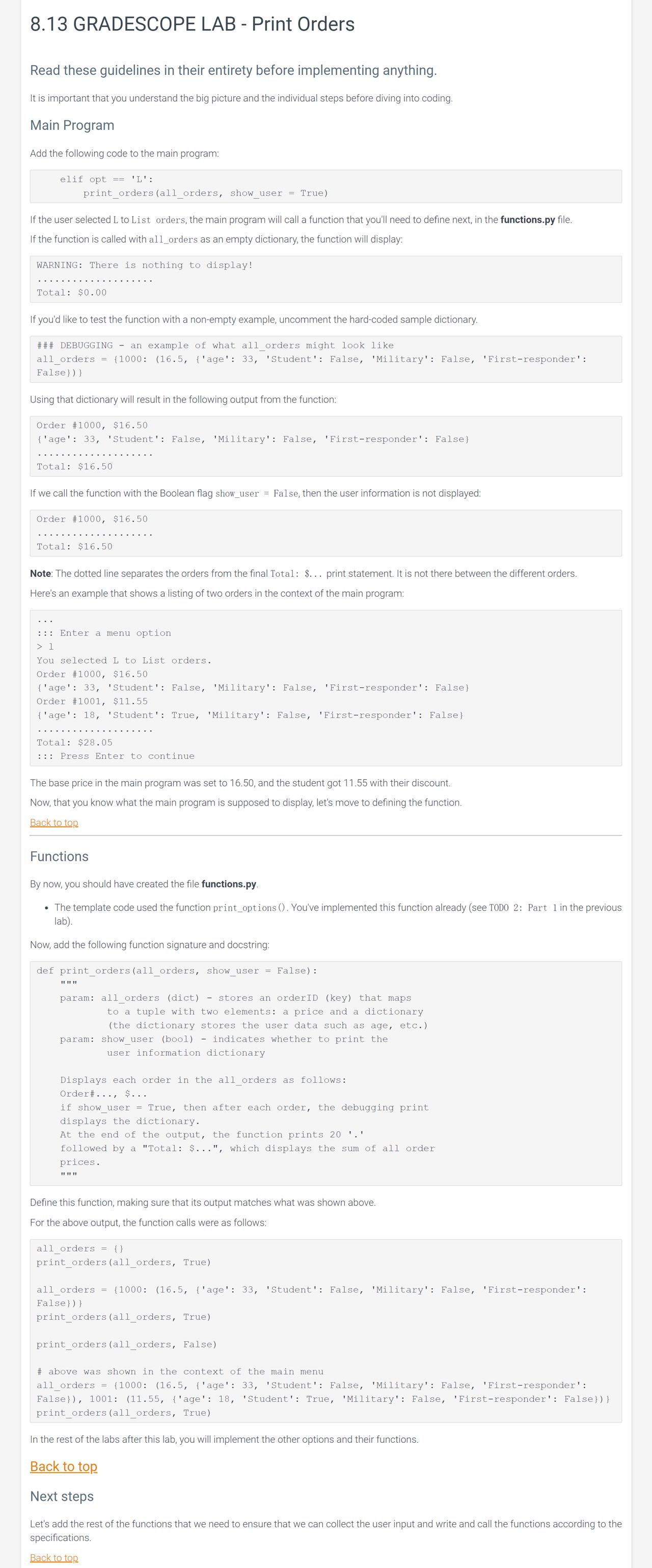 8.13 GRADESCOPE LAB - Print Orders Read these | Chegg.com