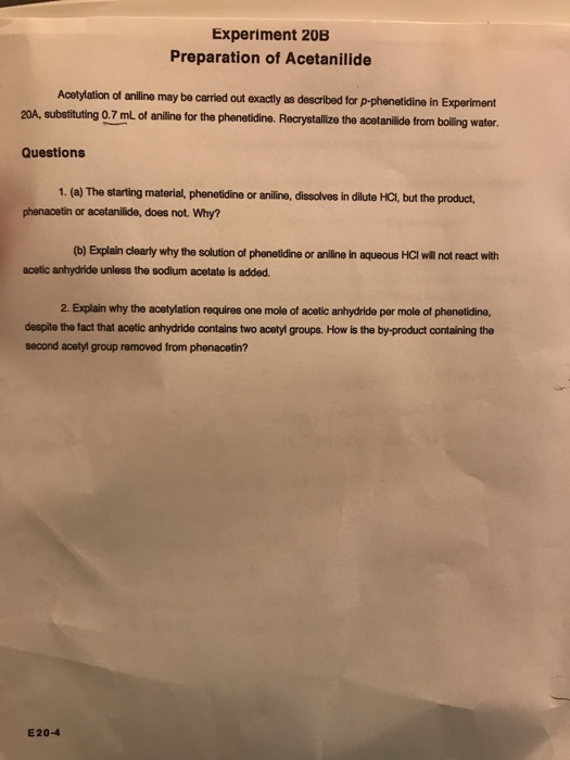 Solved Experiment 20B Preparation of Acetanilide Acotylation | Chegg.com