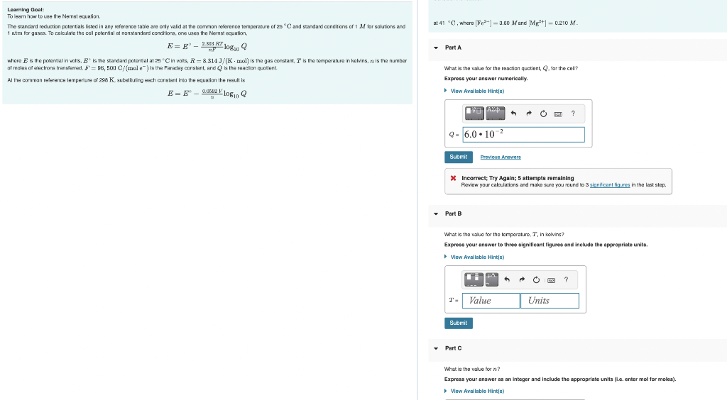 Learning Gaal: To learn how to lae the Nemst equation | Chegg.com