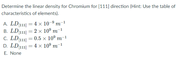 Solved Determine the linear density for Chromium for [111] | Chegg.com