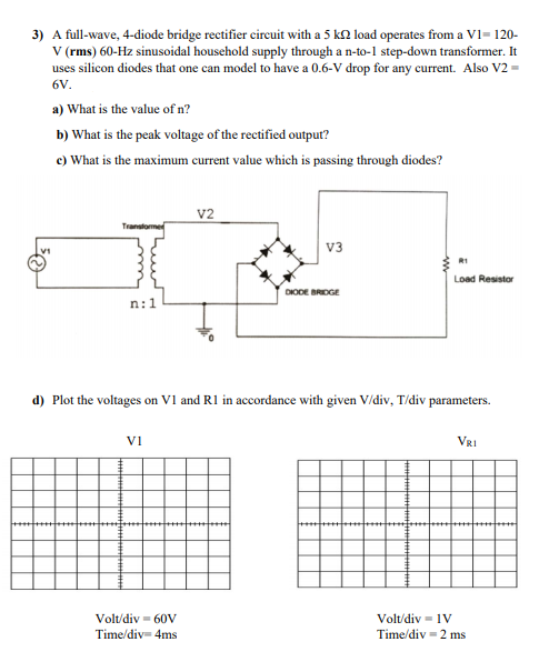 Solved 3) A full-wave, 4-diode bridge rectifier circuit with | Chegg.com