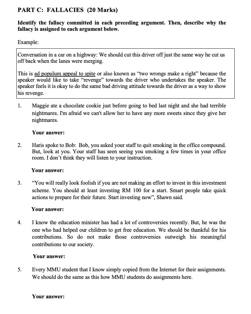 PART C: FALLACIES (20 Marks) Identify the fallacy | Chegg.com