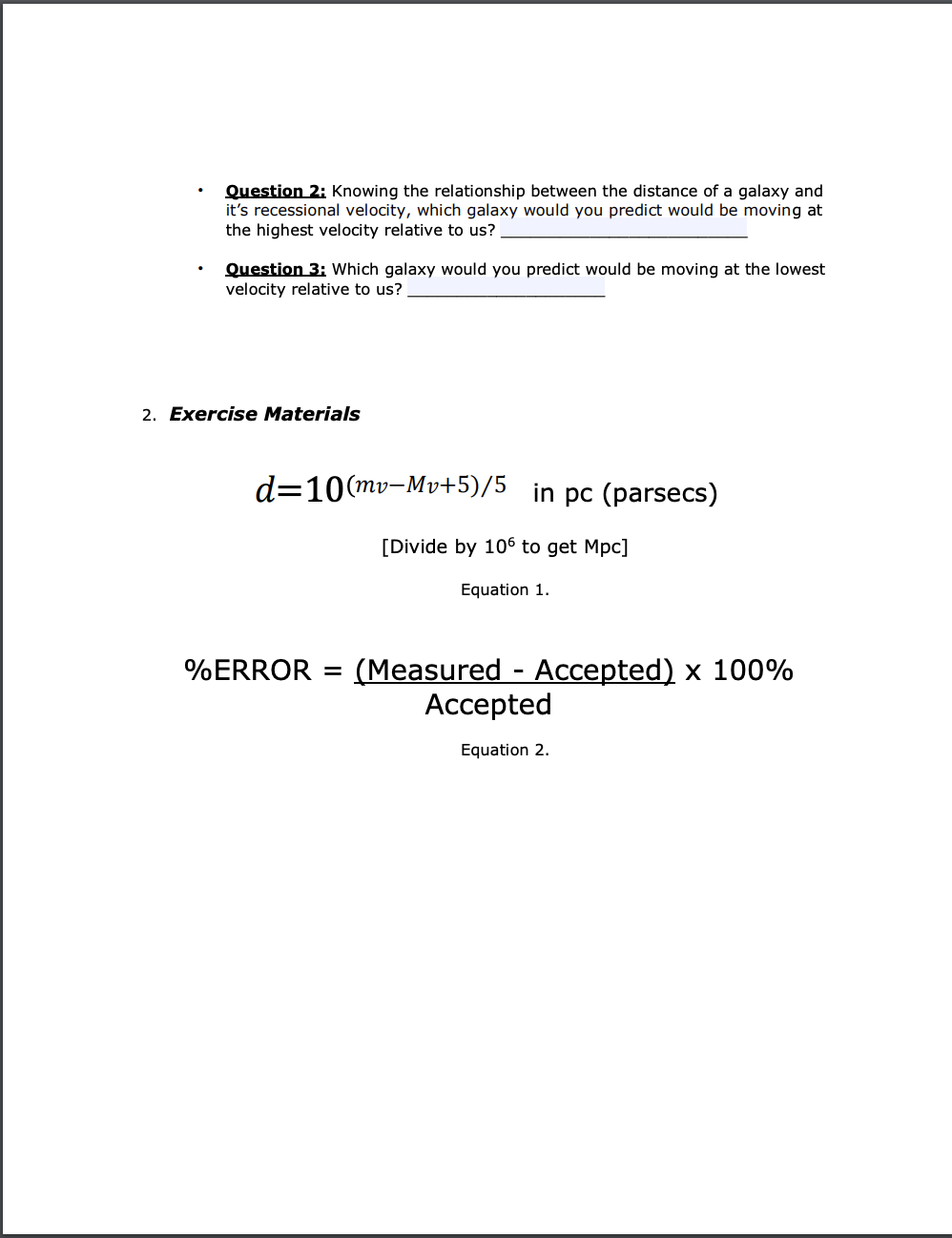 Measuring Galactic Distances Exercise Student Name: | Chegg.com