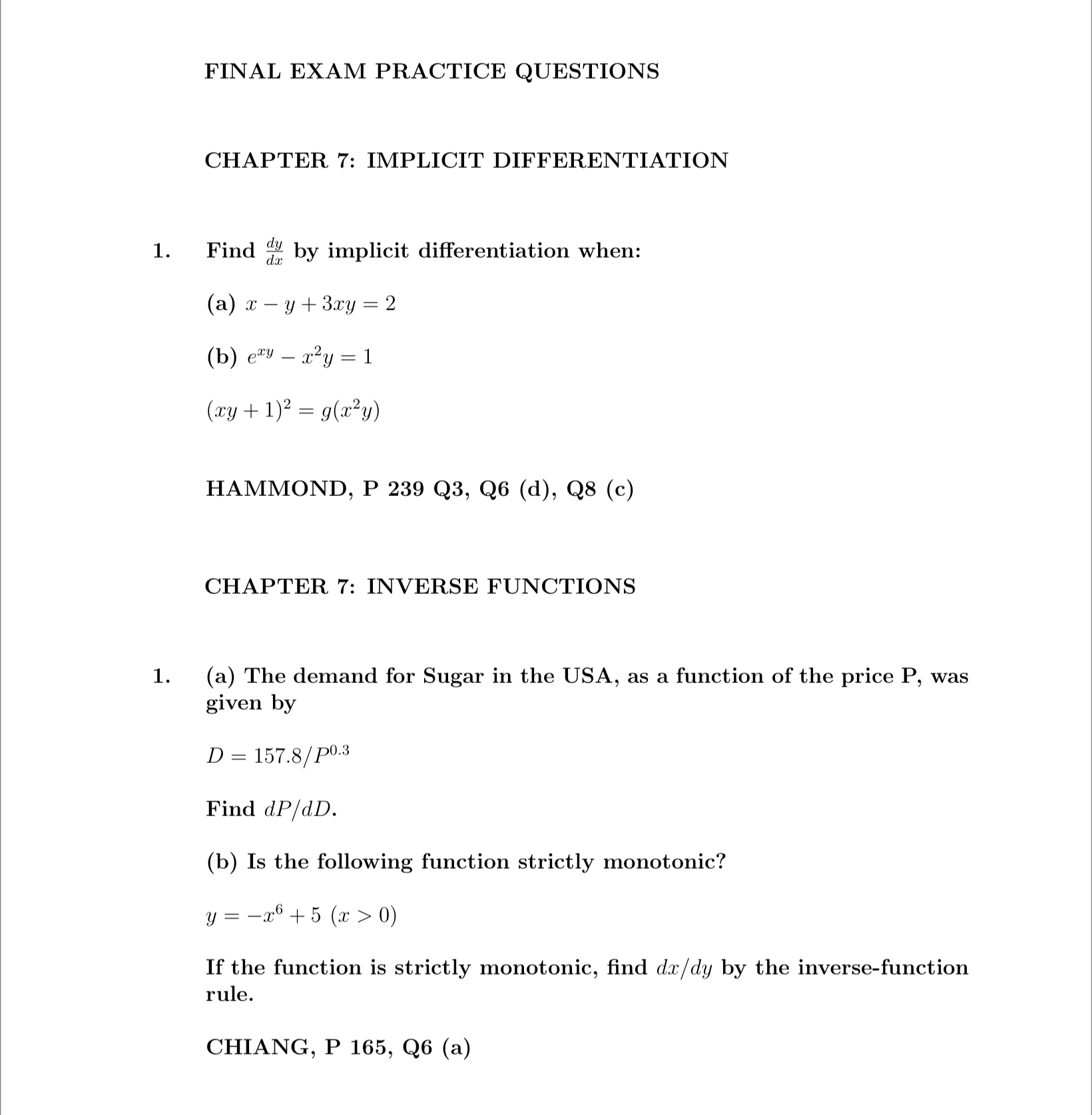 Solved FINAL EXAM PRACTICE QUESTIONS CHAPTER 7: IMPLICIT | Chegg.com