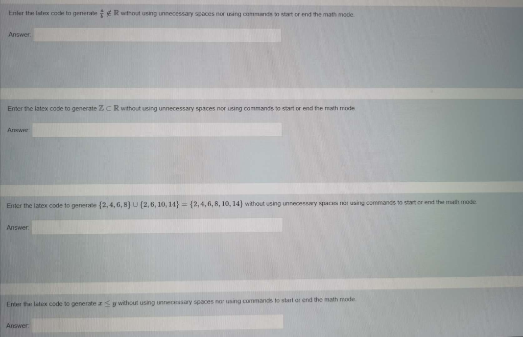 Solved Enter the latex code to generate & R without using | Chegg.com