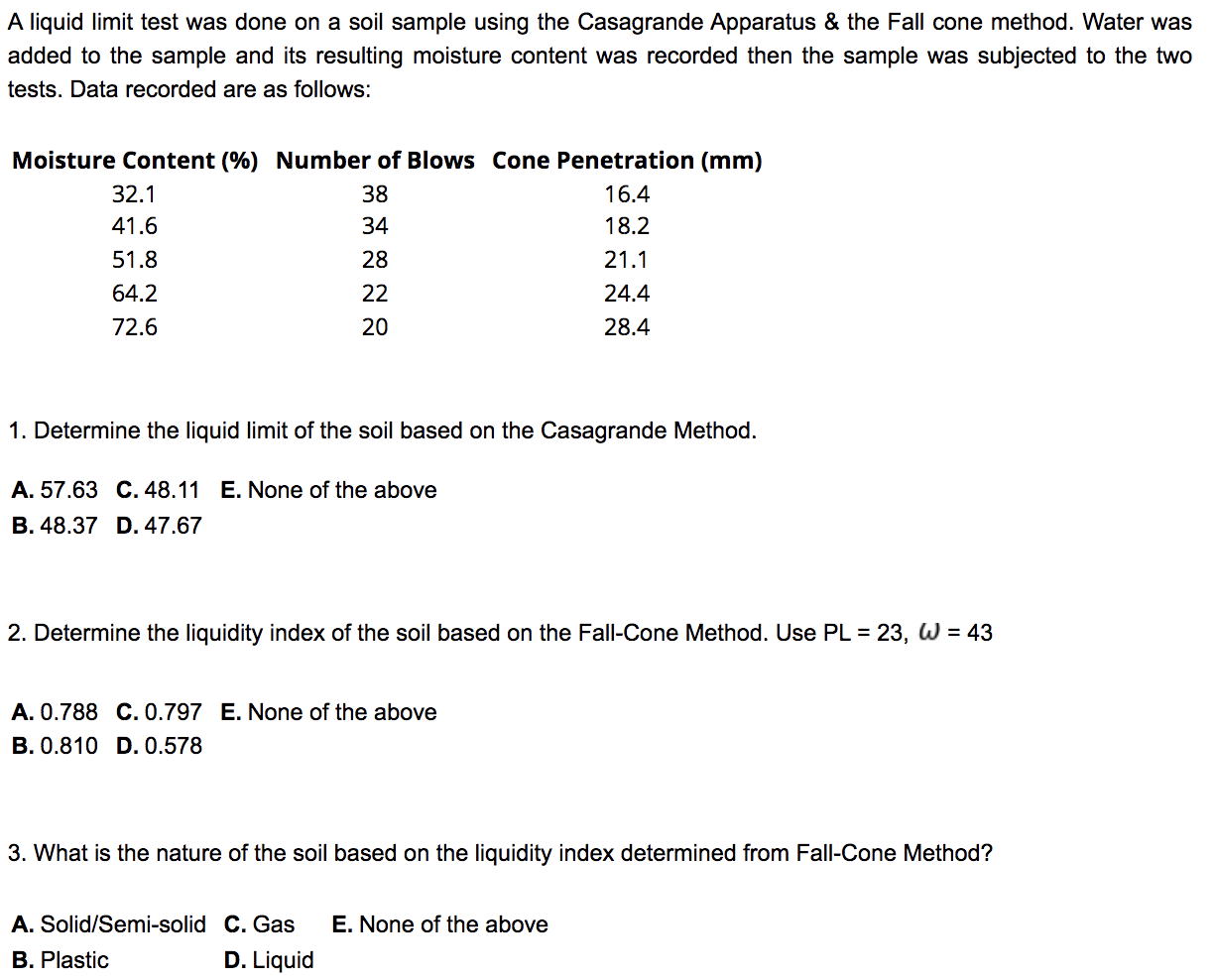 Solved A liquid limit test was done on a soil sample using | Chegg.com